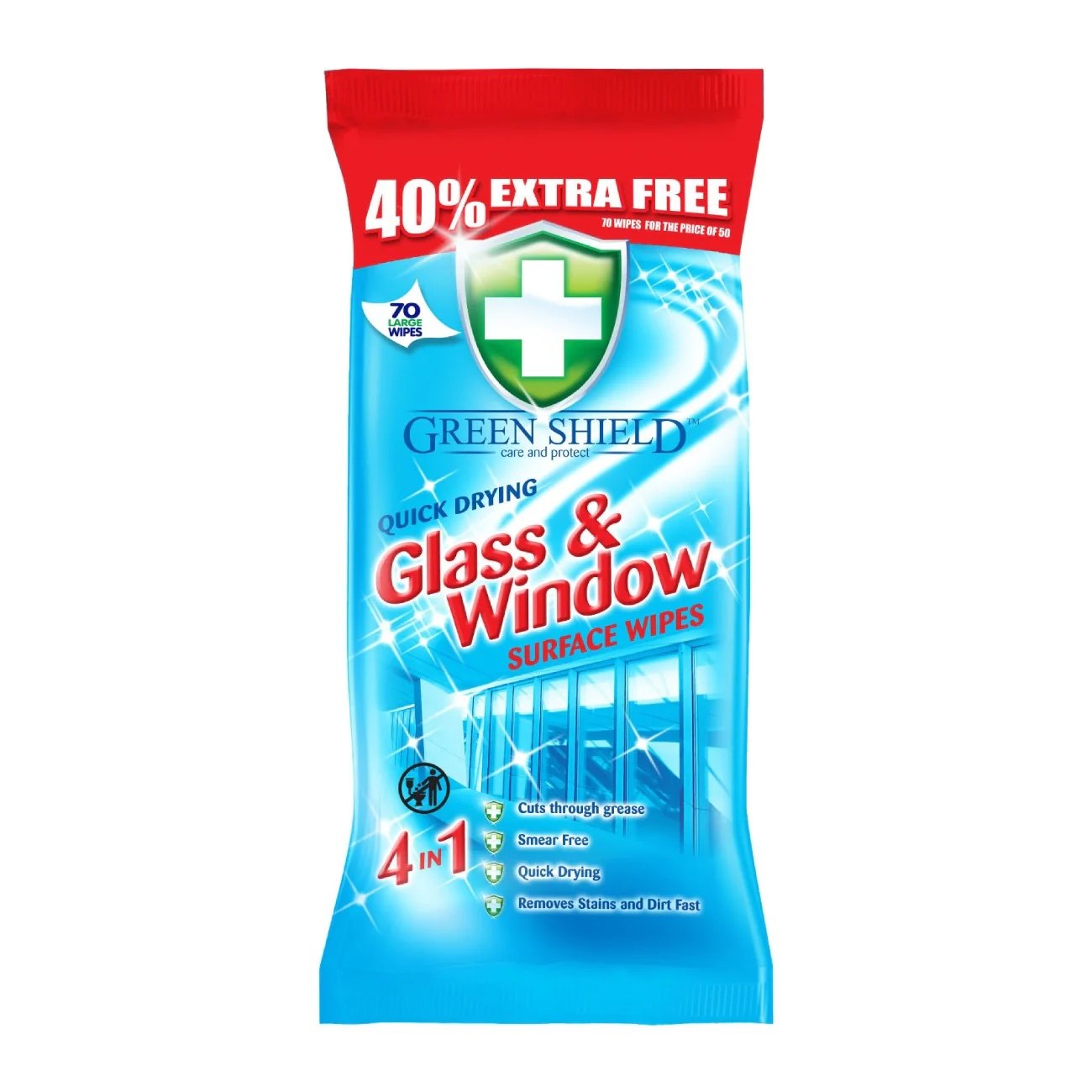 Green Shield Glass & Windows Surface Wipes 70 Large Wipes
